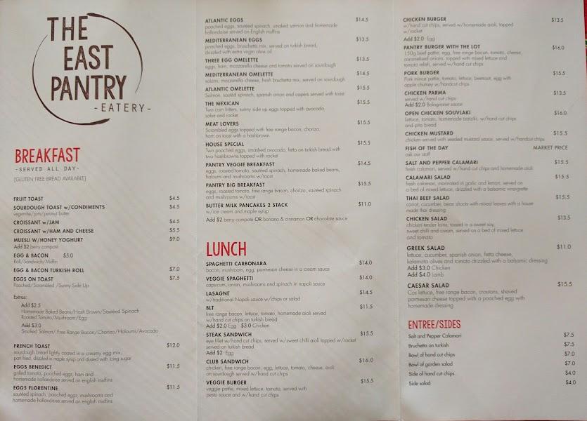 Menu at The East Pantry cafe, Keilor East