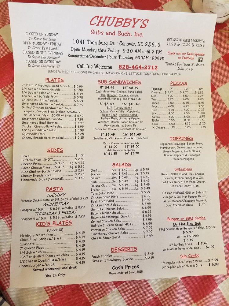 Menu at Chubby's of Conover pizzeria, Conover