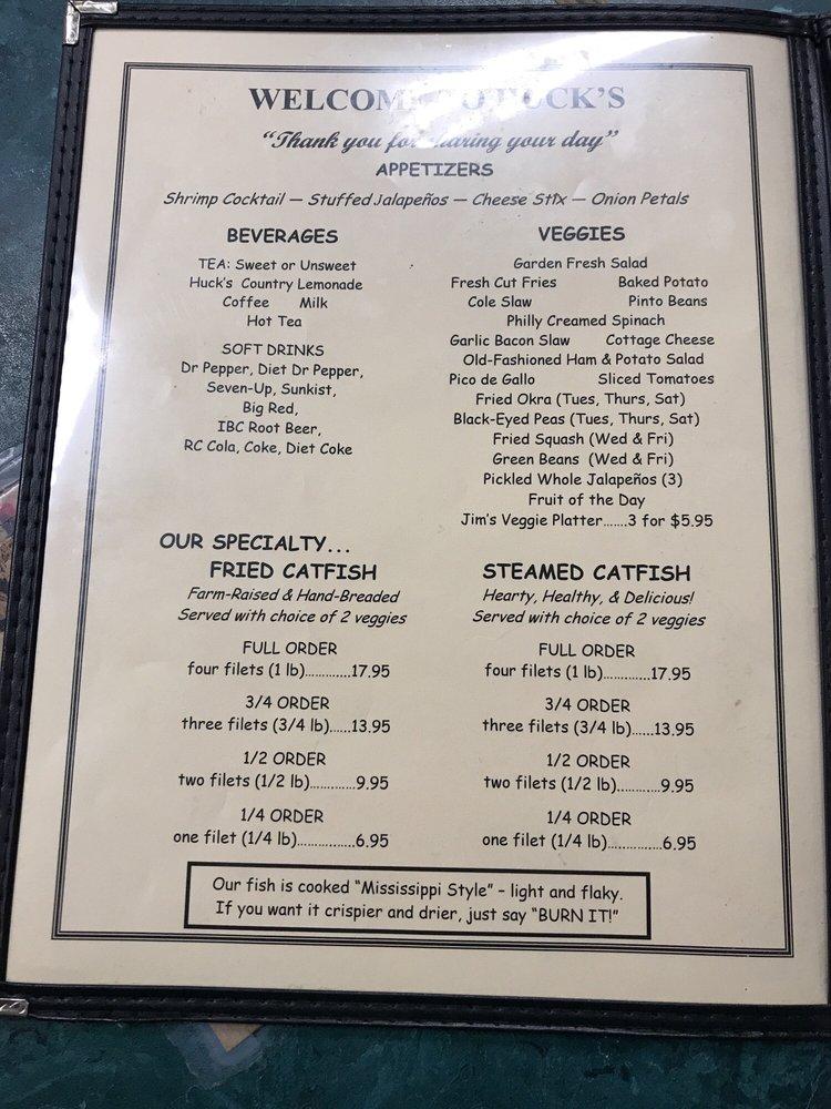 Menu at Huck's Catfish restaurant, Denison