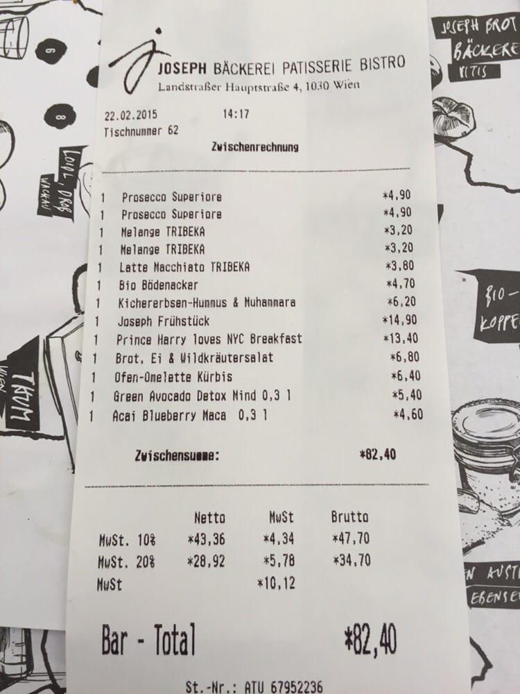 Menu at Joseph Brot cafe, Vienna, Landstraßer Hauptstraße 4