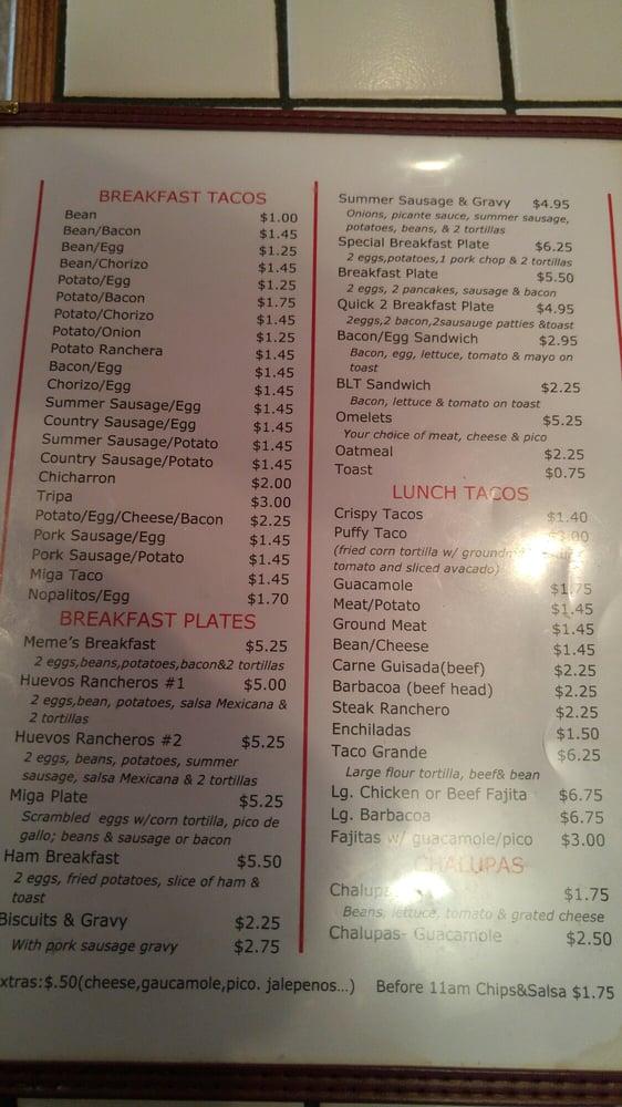 Menu at Meme's Mexican Restaurant, Luling