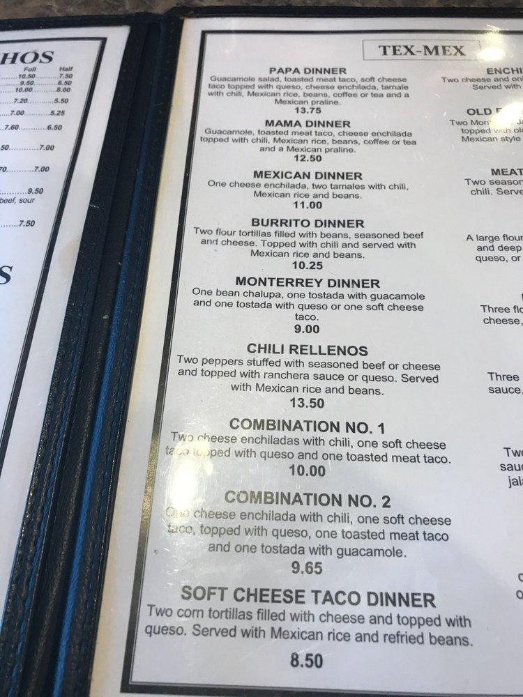 Menu at Pulido's restaurant, Hurst
