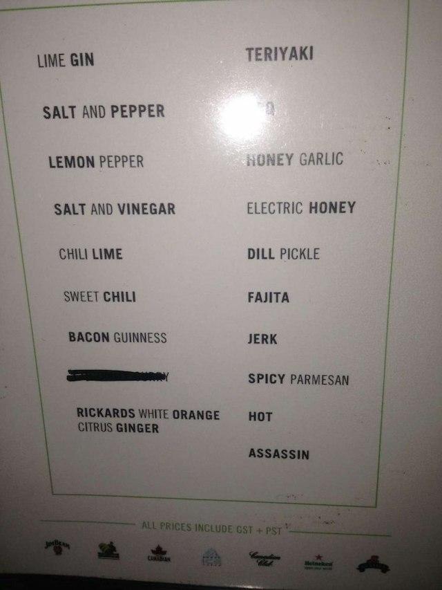 Menu at VW's Social Club, Winnipeg
