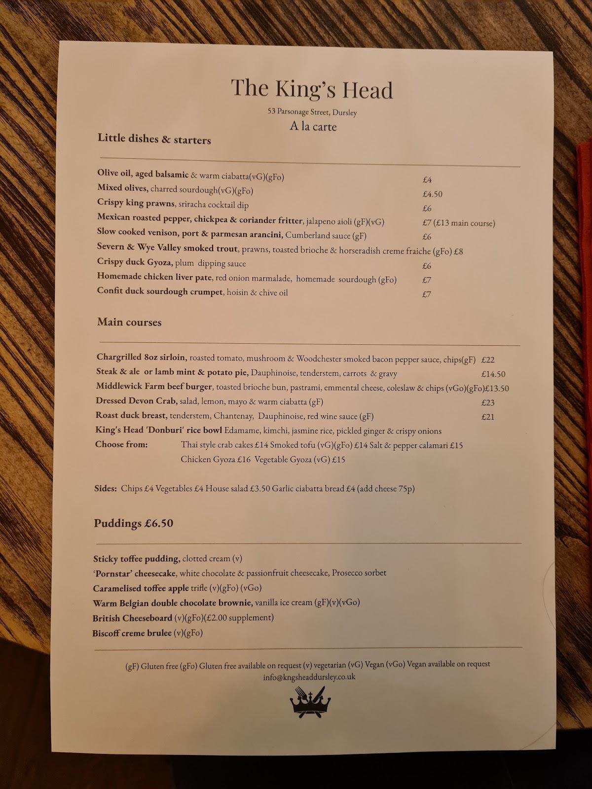Menu at The Kings Head Dursley pub & bar, Dursley