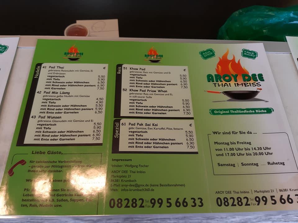 Speisekarte von Aroy Dee Thai Imbiss restaurant, Krumbach (Schwaben)