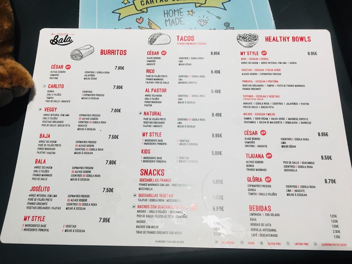 Menu at Bala fast food, Lisbon, Av. Eng. Duarte Pacheco 15G