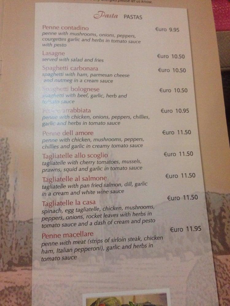 Menu at Bella Cafe, Ireland, 111 Main Street