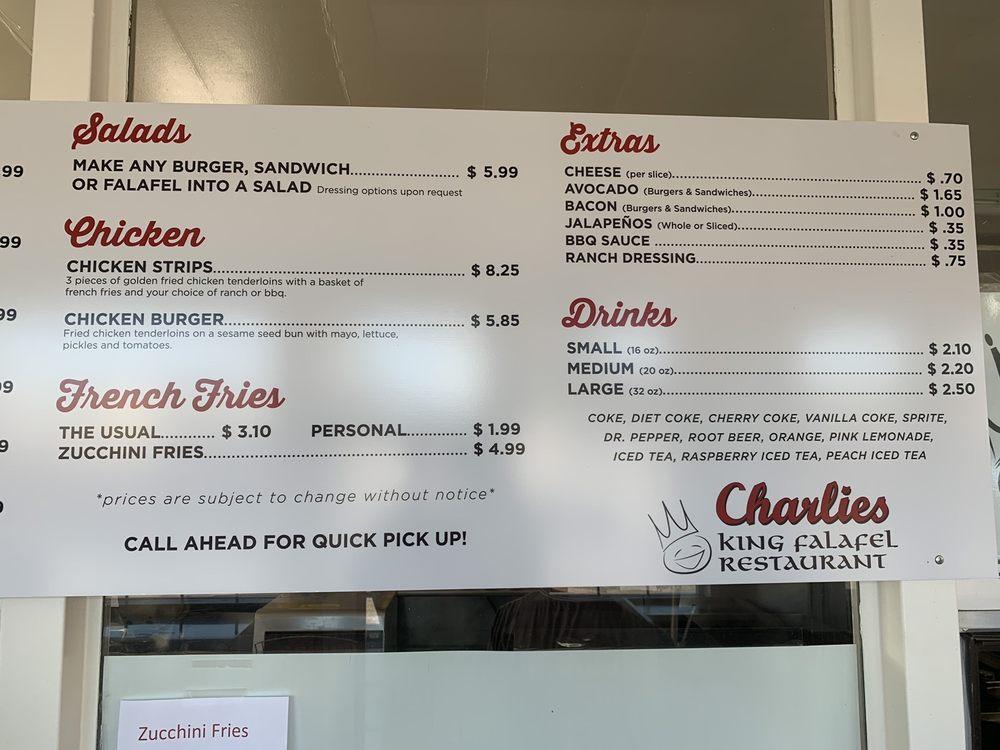 Menu at Charlies Burger, King Falafel restaurant, Orcutt