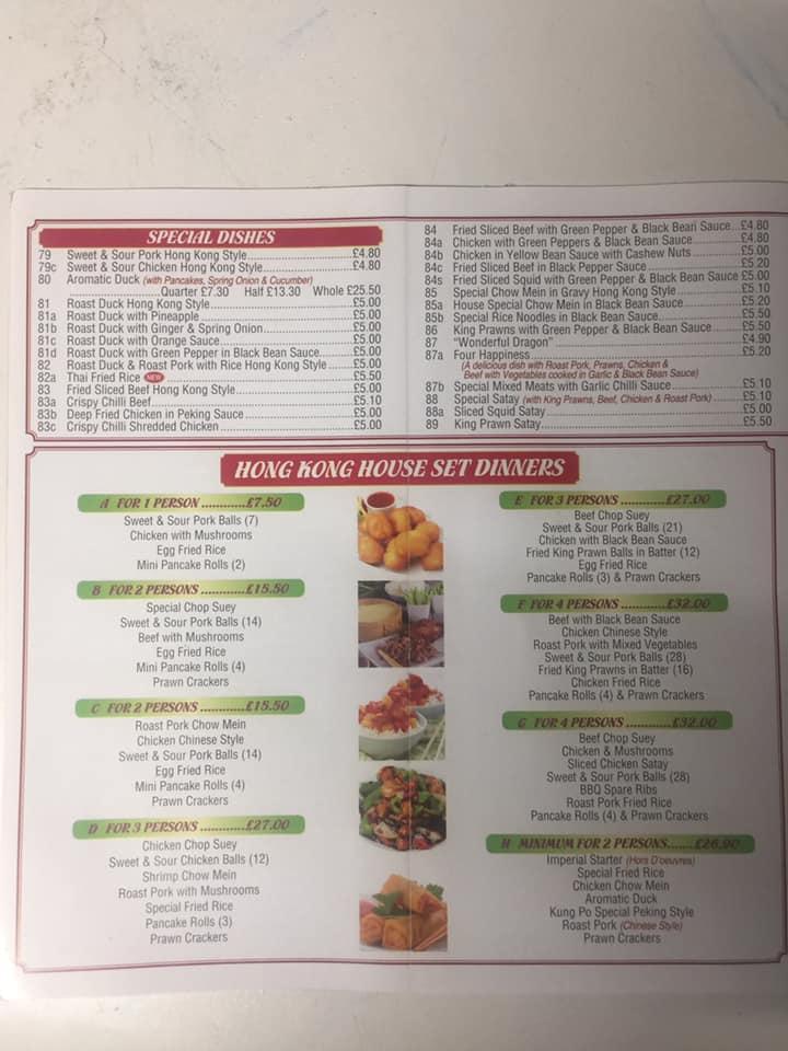 Menu at Hong Kong House fast food, Grays
