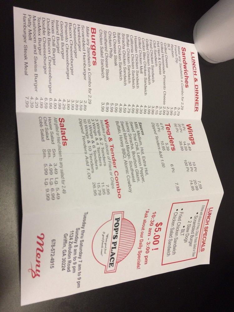 Menu at Pop's Place restaurant, Griffin