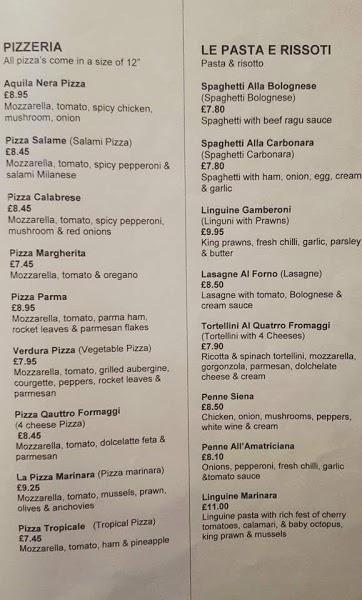 Menu at Aquila Nera ristorante and pizzeria, Stockport