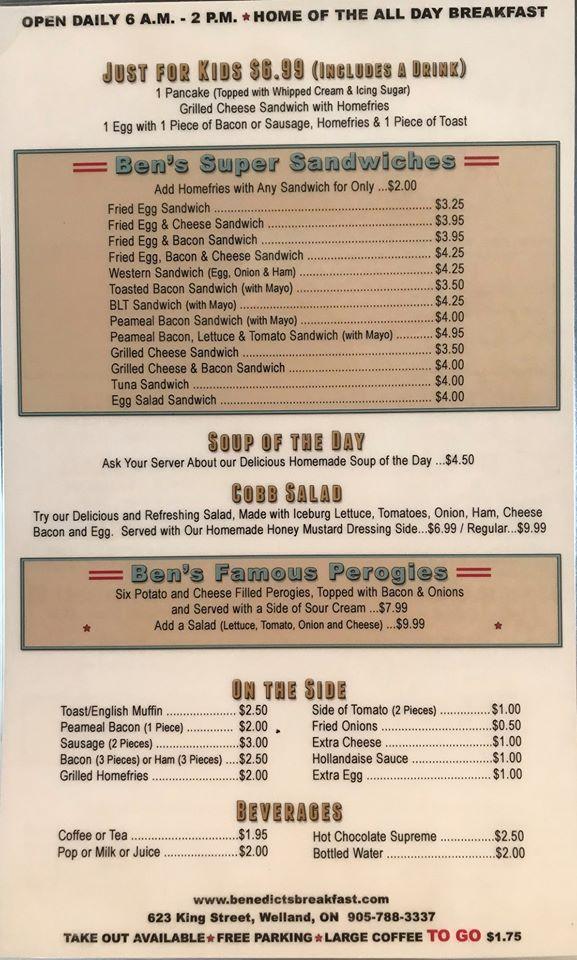 Menu at Benedict's Restaurant, Welland