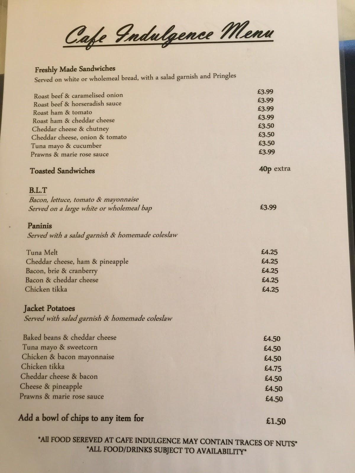 Menu at Cafe Indulgence, Llandudno