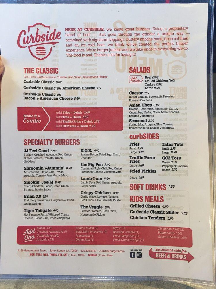 Menu at Curbside Burgers restaurant, Baton Rouge, Government St