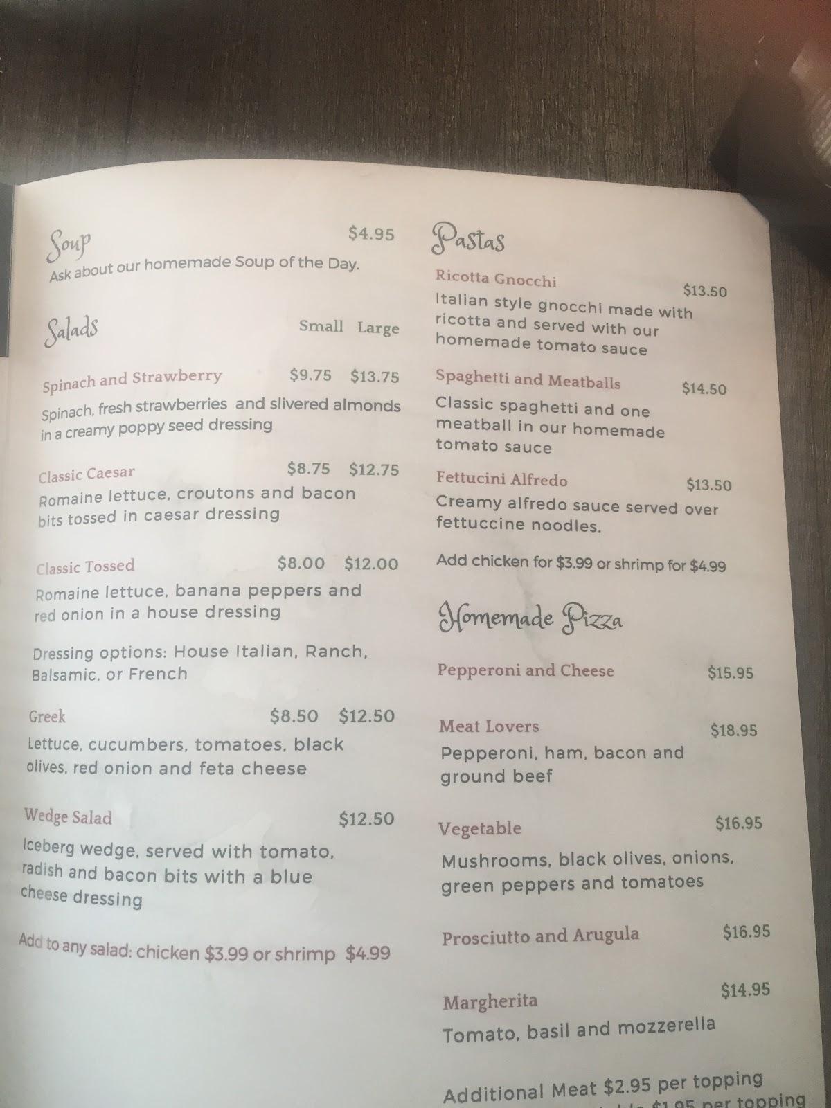 Menu at Filane's Restaurant, Schreiber