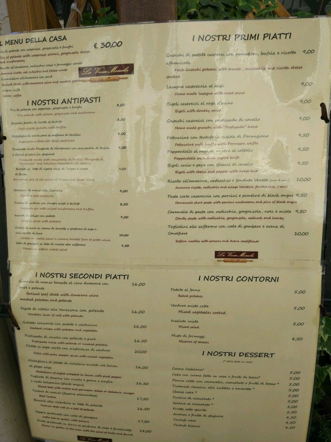 Menu at La Vecia Mescola restaurant, Verona