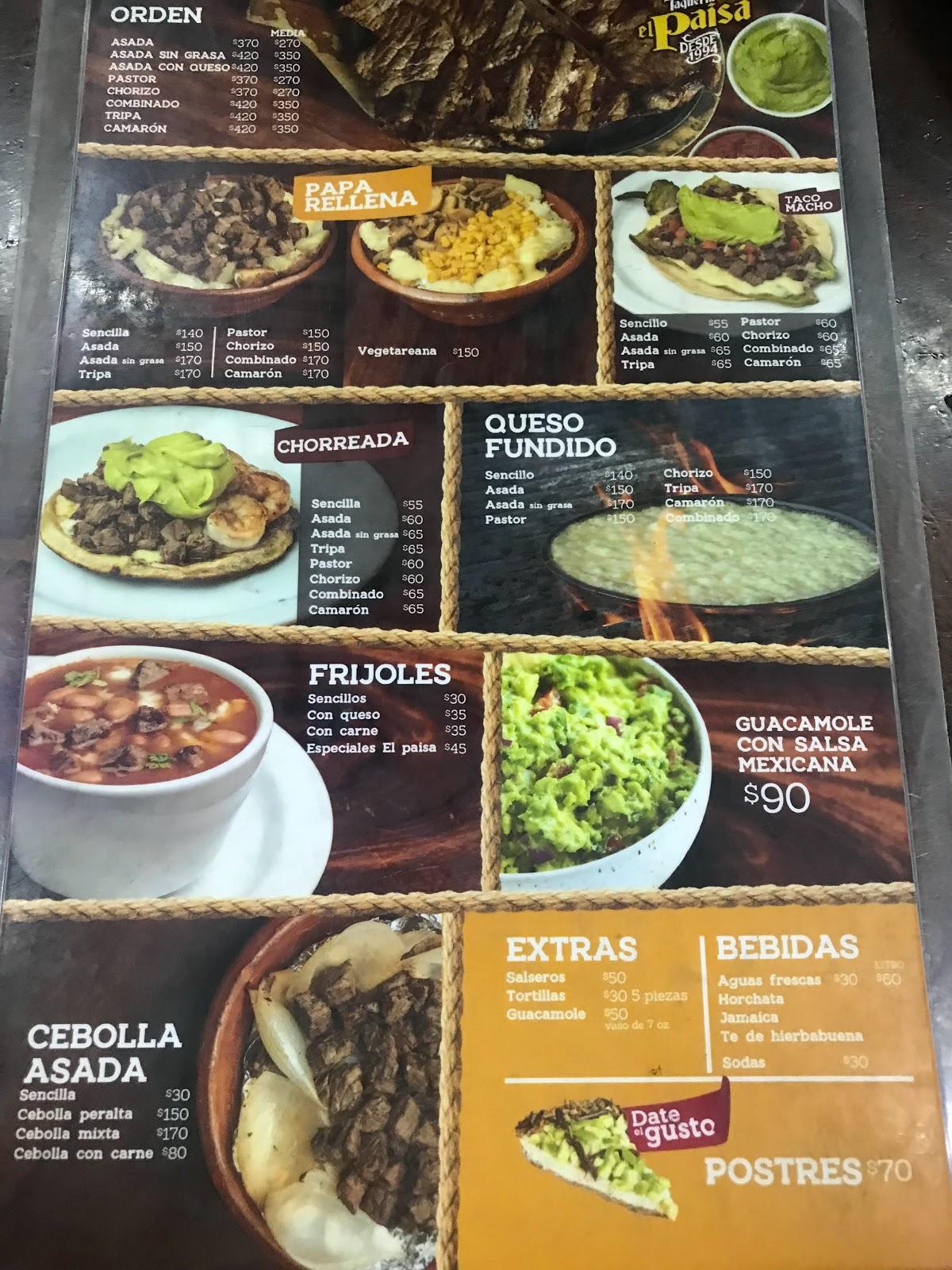 Menu at Taquerías El Paisa restaurant, Cabo San Lucas