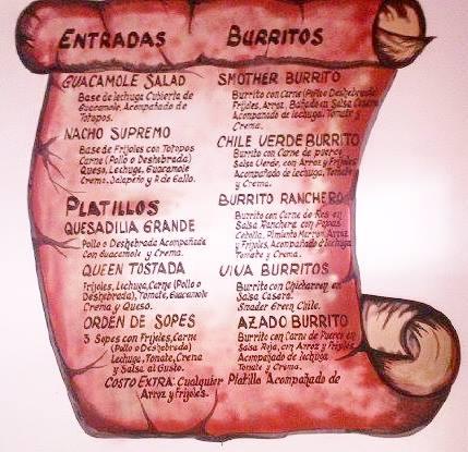 Menu at The Burrito's King restaurant, Guadalupe