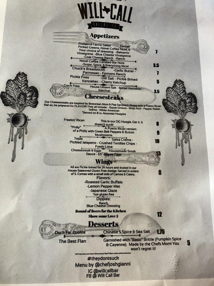 Menu at Will Call Bar, Dallas