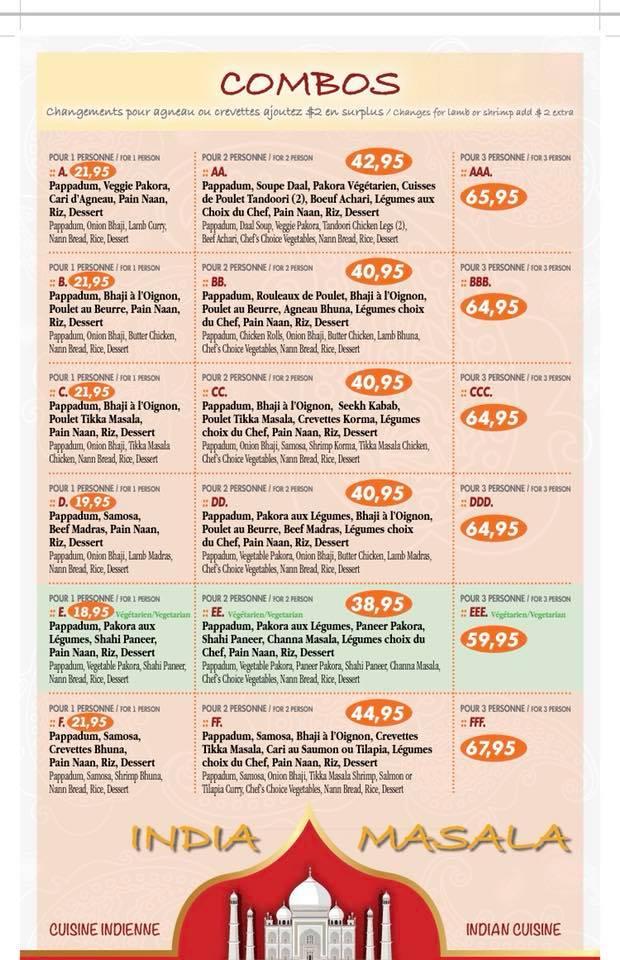 Menu at India Masala restaurant, Repentigny