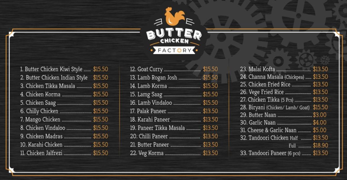 Menu at Butter Chicken Factory restaurant, Auckland