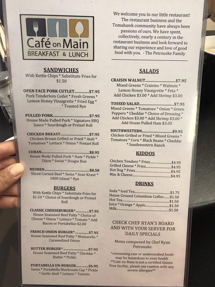 Menu at Cafe on Main, Tomahawk