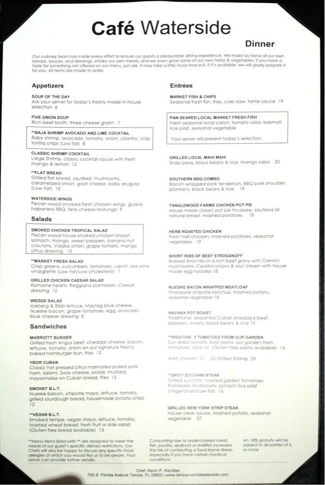 Menu at Café Waterside restaurant, Tampa, 505 Water St