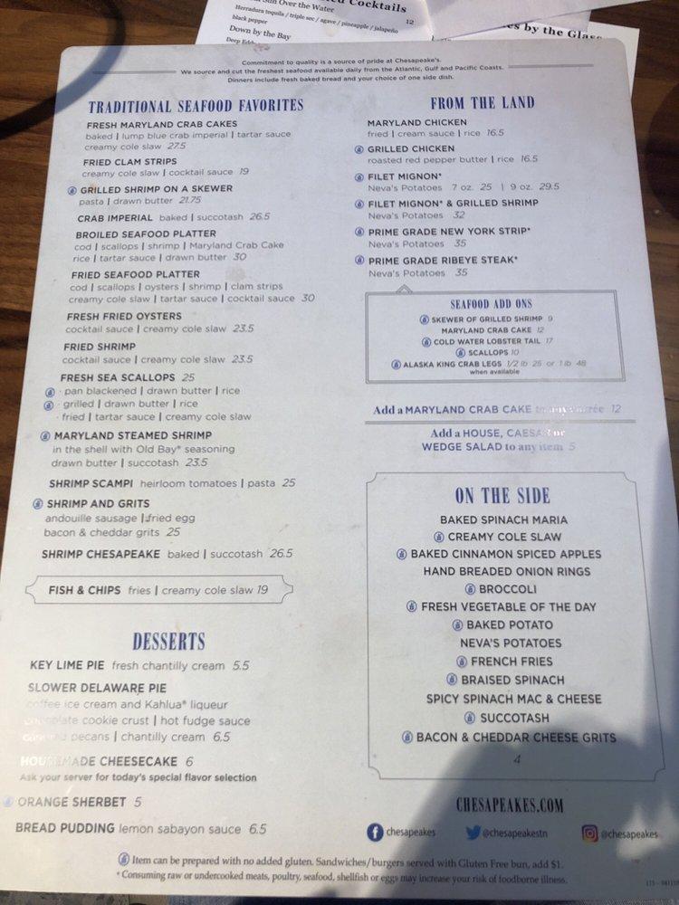 Menu at Chesapeake's Seafood Restaurant, Knoxville, Parkside Dr