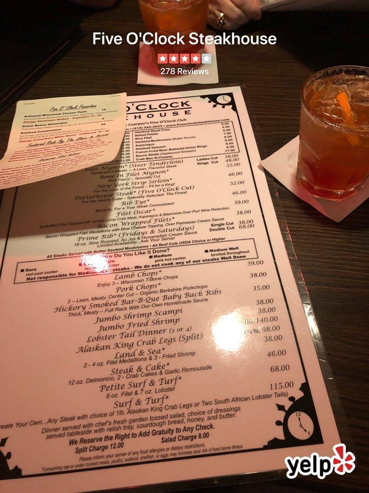 Menu at Five O'Clock Steakhouse, Milwaukee