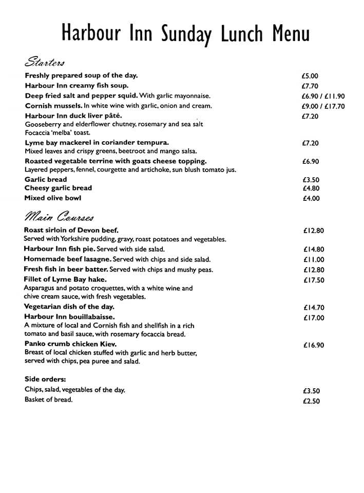 Menu at Harbour Inn pub & bar, Lyme Regis