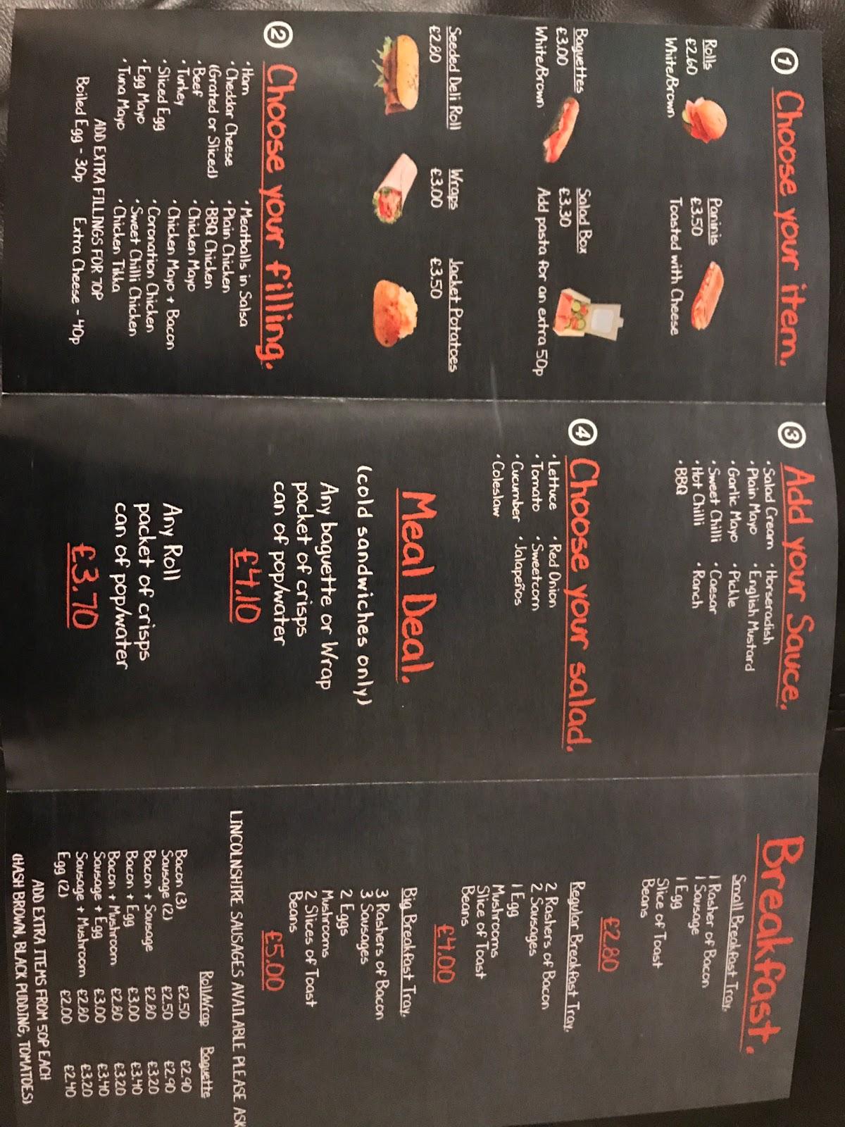 Menu at On a Roll cafe, Lincoln