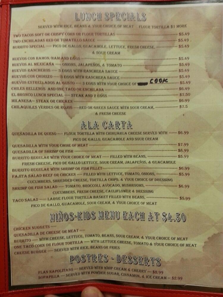 Menu at Taqueria El Bronco restaurant, St. Louis