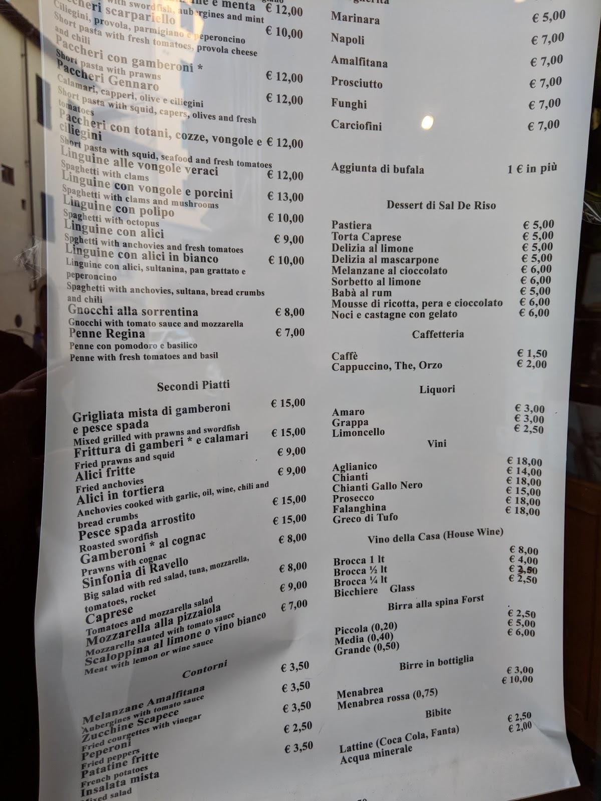 Menu da Pizzeria Amalfitana, Firenze