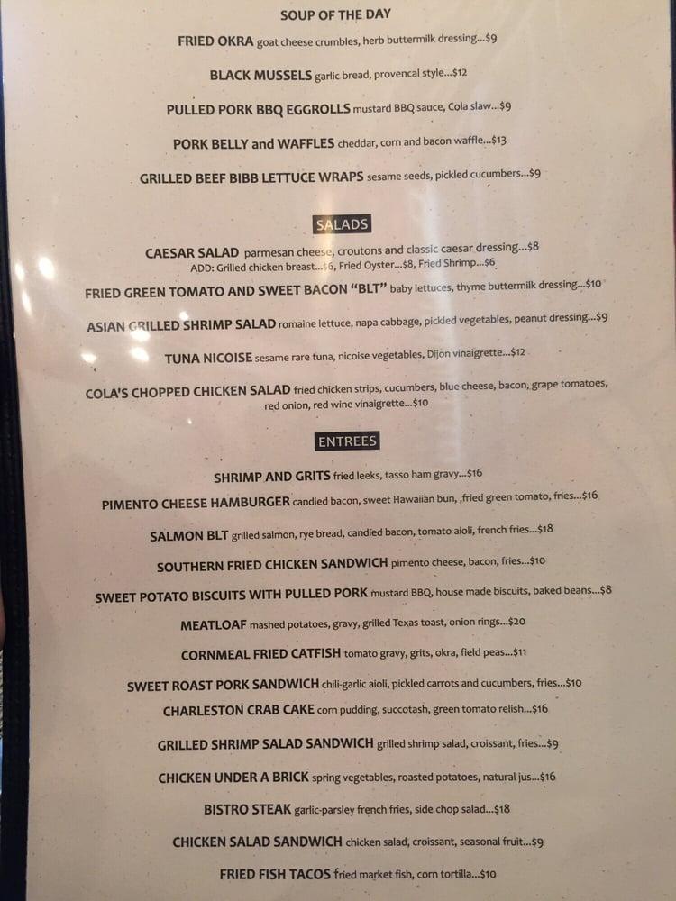 Menu at Cola's Restaurant, Columbia
