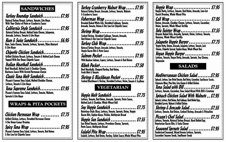 Menu at Picasso Naturals restaurant, San Diego