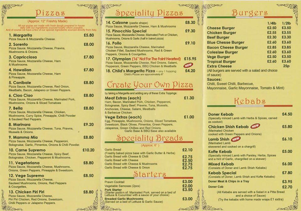 Menu at Pinocchio Pizzas pizzeria, Atherstone
