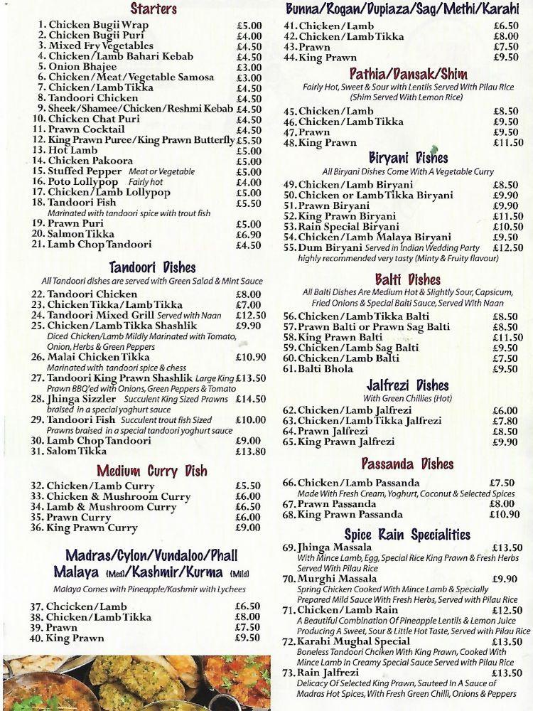 Menu at Spice Rain restaurant, Rainham