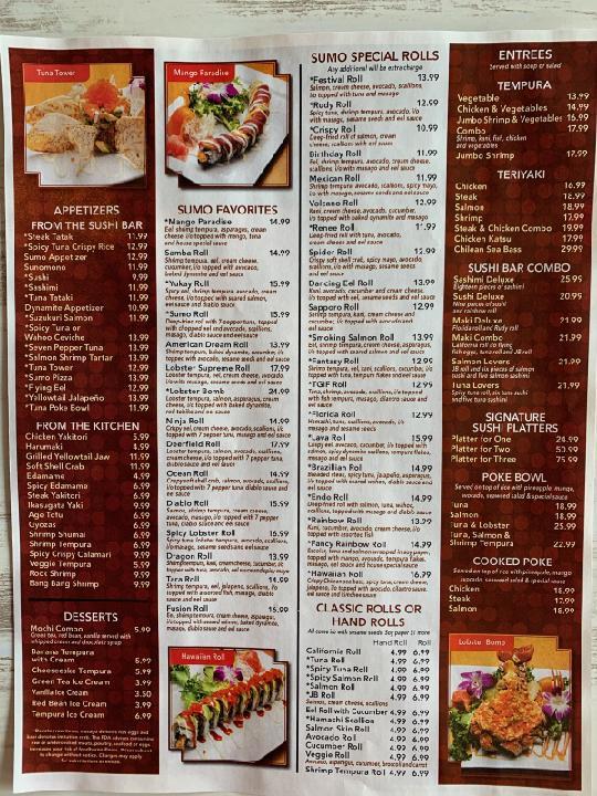 Menu at Sumo Japanese Restaurant, Boca Raton