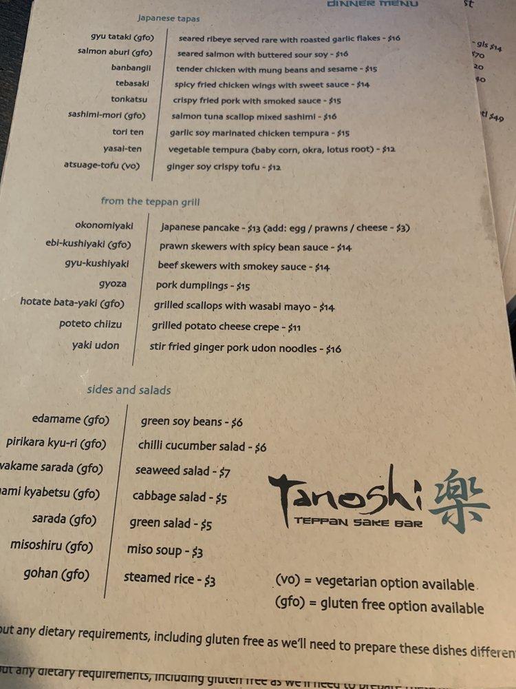 Carta del restaurante Tanoshi Cow Lane, Queenstown