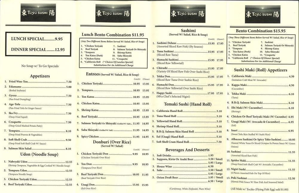 Menu at Toyo Sushi restaurant, Stockton