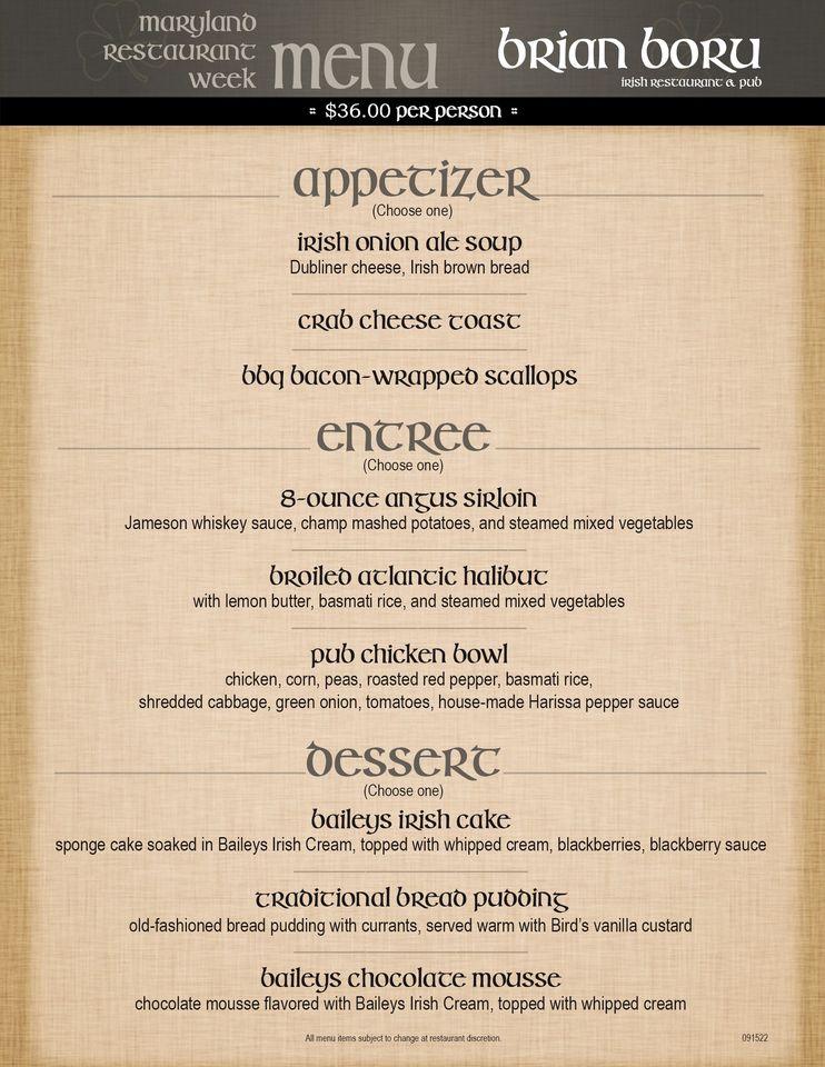 Menu at Brian Boru Restaurant and Pub, Severna Park