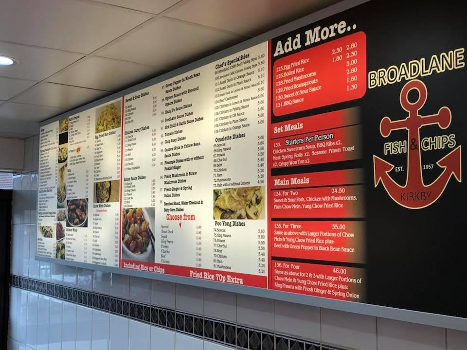 Menu at Broad Lane Fish n Chips restaurant, Liverpool