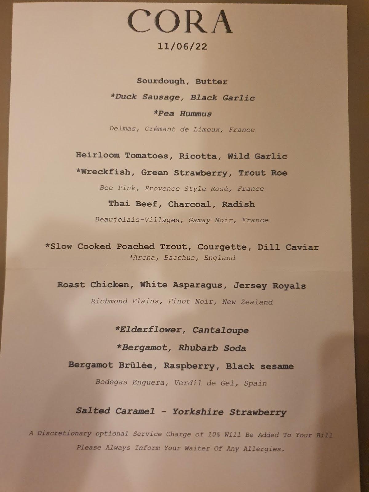 Menu at CORA restaurant, Boston Spa