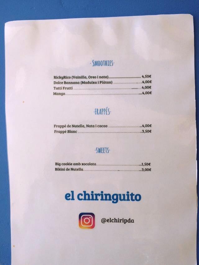Carta del pub y bar El Chiringuito, Playa del Aro