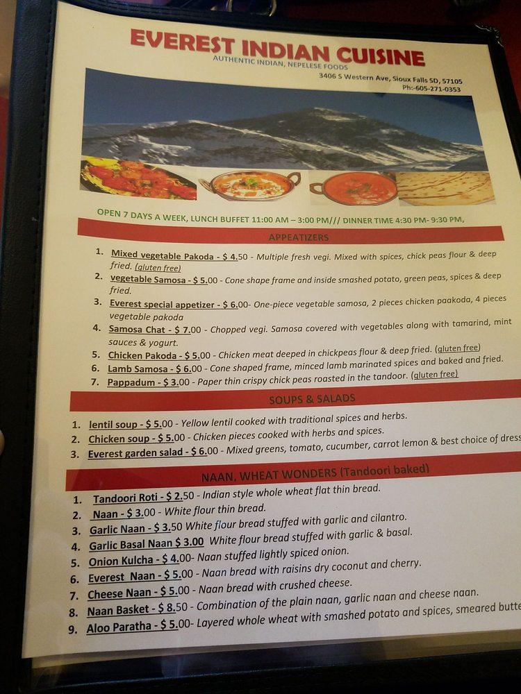 Menu at Everest Indian Cuisine restaurant, Sioux Falls