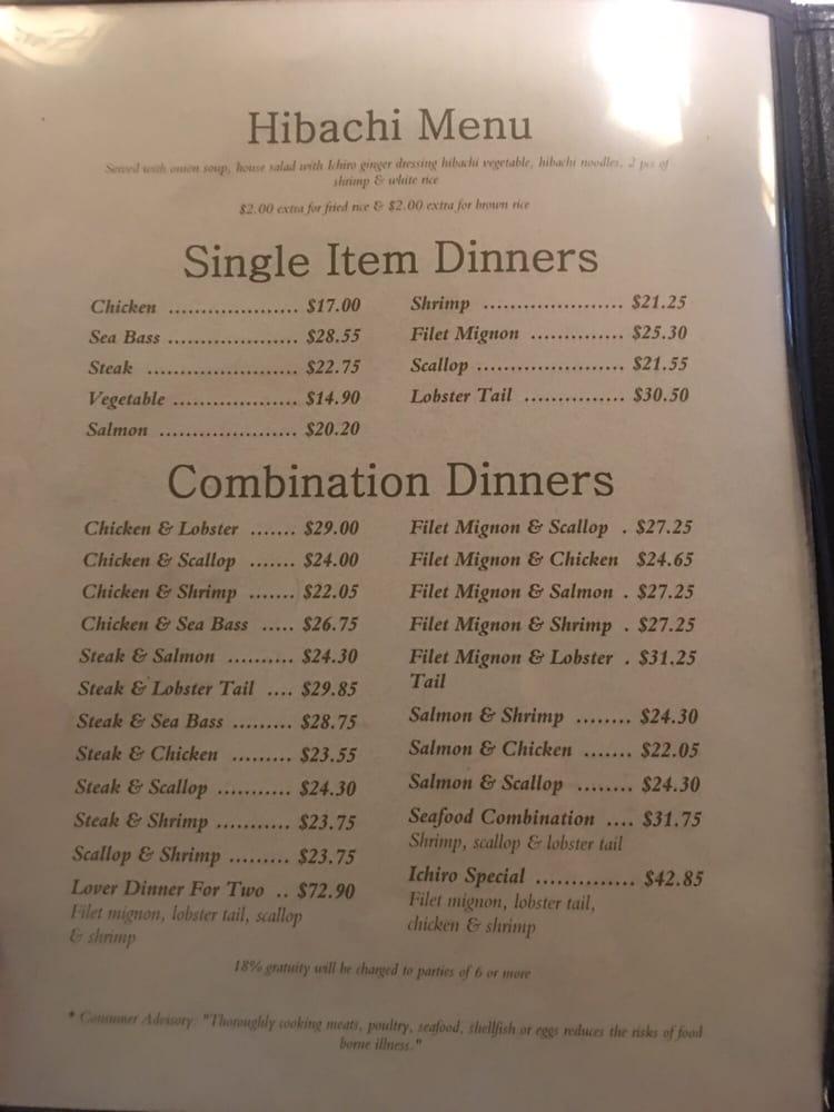 Carta del restaurante Ichiro, Danbury