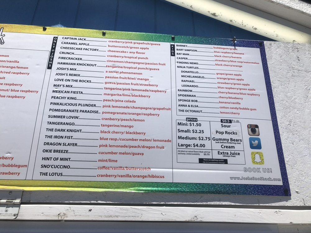 Menu at Josh's Sno Shack desserts, Tulsa, E 21st St