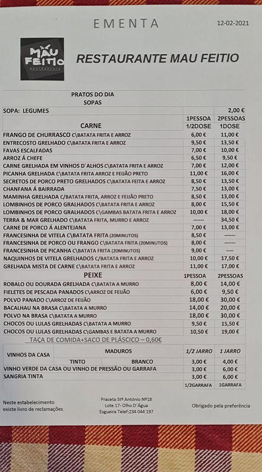 Menu em Mau Feitio restaurante, Aveiro