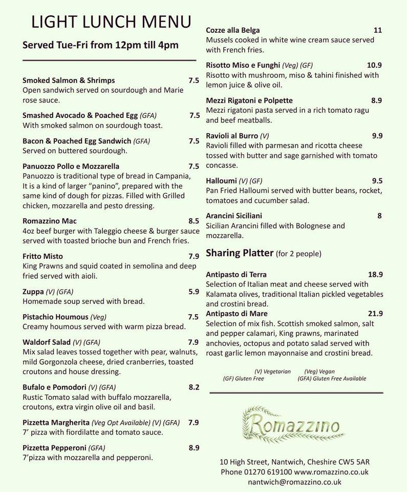 Menu at Romazzino restaurant, Nantwich