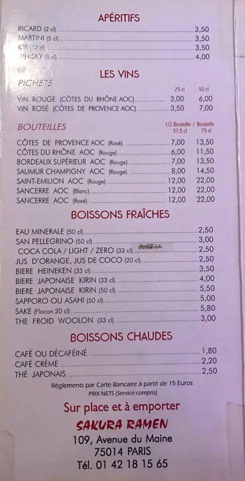 Menu au SAKURA RAMEN さくらラーメン restaurant, Paris